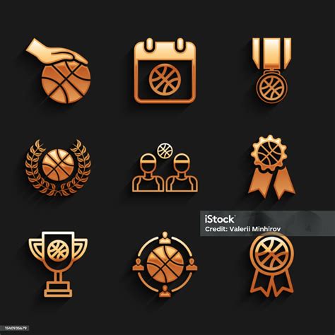 농구 선수 계획 전략 수상 농구 메달 및 손 아이콘이 있는 수상 컵을 설정합니다 벡터 1위에 대한 스톡 벡터 아트 및 기타 이미지 Istock