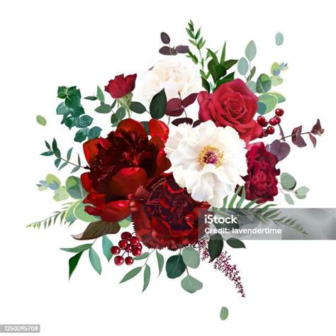 클래식 고급스러운 레드 로즈 카네이션 화이트 모란 베리 버건디 아스틸베 에메랄드 유칼립투스 빨강에 대한 스톡 벡터 아트 및 기타 이미지 Istock