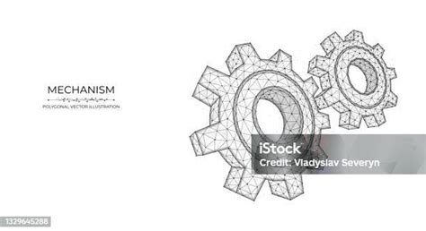 파란색 배경에 격리된 메커니즘의 다각형 벡터 그림입니다 기어 톱니바퀴 또는 설정 낮은 폴리 아트 엔지니어링 개념 기어 기계