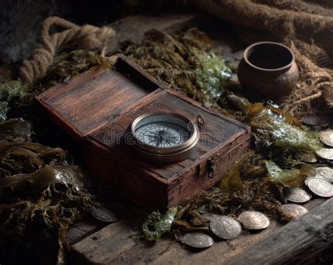 Ancient Compass Discoveries Relics In Sand And Sea Stock Illustration