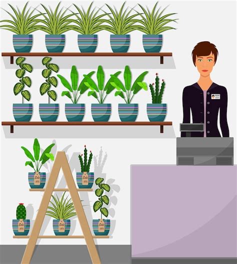 Premium Vector Flower Shop Interior Woman Seller Behind The Counter Houseplants On Shelves