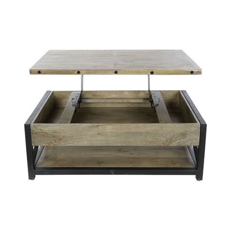 Table Basse Hampton Plateau Relevable Manguier Métal Sur Roues