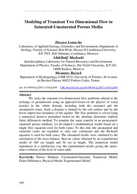 Pdf Modeling Of Transient Two Dimensional Flow In Saturated