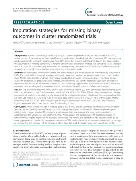 Pdf Imputation Strategies For Missing Binary Outcomes In Cluster Randomized Trials
