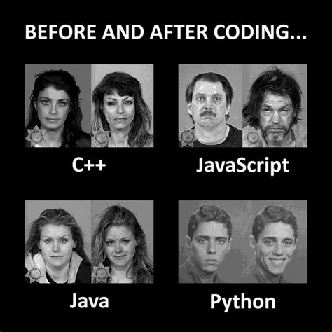before and after coding c javascript java python 9gag