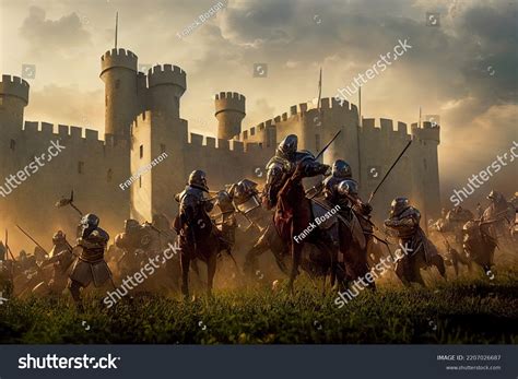 3d Rendering Medieval Warriors On Castle Stock Illustration 2207026687