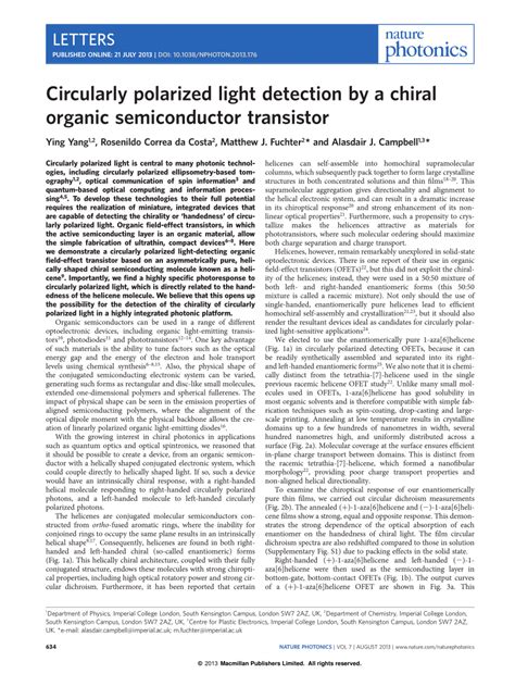 Pdf Circularly Polarized Light Detection By A Chiral Organic Semiconductor Transistor