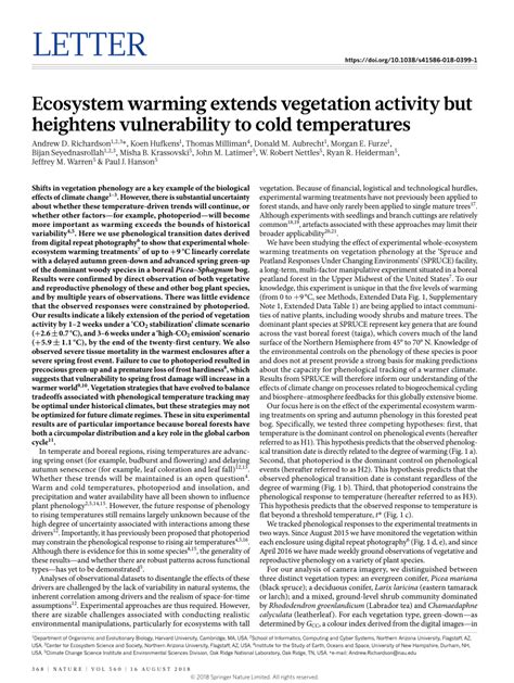 Ecosystem Warming Extends Vegetation Activity But Heightens Vulnerability To Cold Temperatures