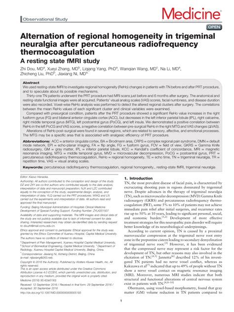 Pdf Alternation Of Regional Homogeneity In Trigeminal Neuralgia After Percutaneous