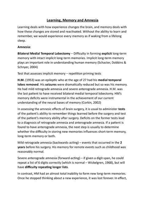 Learning Memory And Amnesia Learning Memory And Amnesia Learning