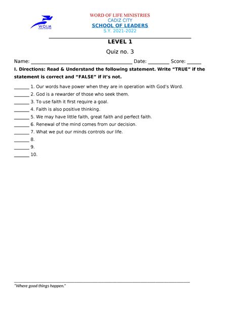 SOL Quiz No 3 Just Quiz WORD OF LIFE MINISTRIES CADIZ CITY Babe OF LEADERS S 2021