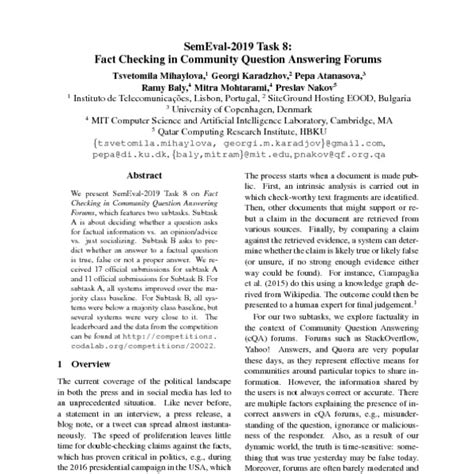 Semeval 2019 Task 8 Fact Checking In Community Question Answering Forums Acl Anthology