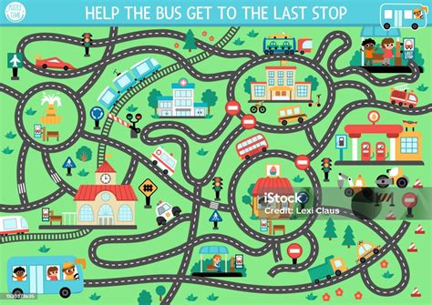 도시 풍경 자동차 승객 장소가 있는 아이들을 위한 교통 미로 도시 교통 유치원 인쇄 가능한 활동 도로 레일이 있는 미로 게임 또는 퍼즐 버스가 종착역에 도착하도록 도와주세요