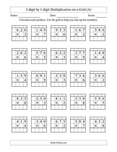 3 Digit By 1 Digit Multiplication With Grid Support A