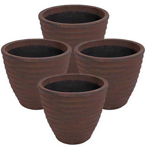 Sunnydaze Outdoor Ribbed Polyresin Planter Pot With Double Wall Design