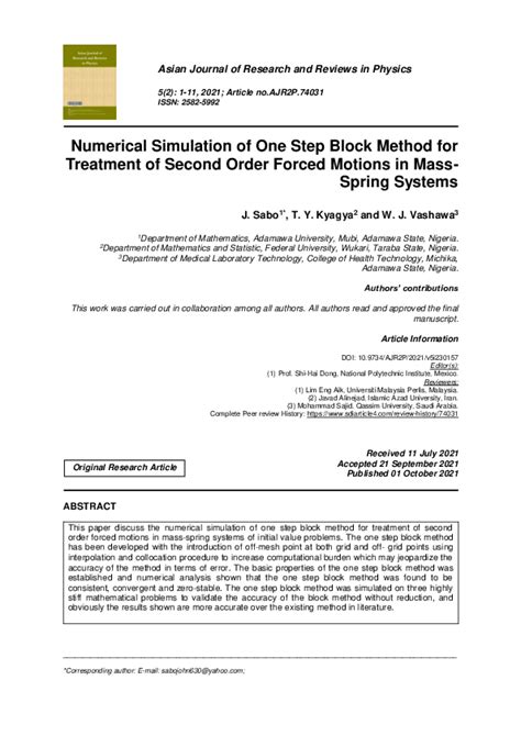 Pdf Numerical Simulation Of One Step Block Method For Treatment Of Second Order Forced Motions