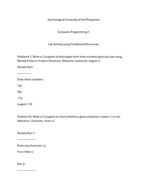 C Programming Conditional Labs Pdf