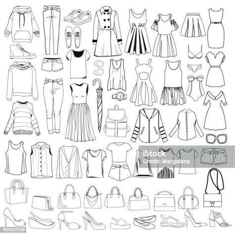 한다면 유행 여성 의류 및 액세서리의 손으로 그려진된 낙서 모음 강에 대한 스톡 벡터 아트 및 기타 이미지 강 경계 골동품 Istock