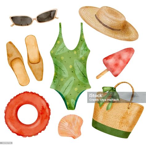 수채화 열대 해변 휴가 필수 일러스트레이션 손으로 그린 수영복 태양 모자 비치 백 노새 아이스크림 수영 튜브 조개 껍질 및 선글라스는 흰색 배경에 고립되어 있습니다 여름