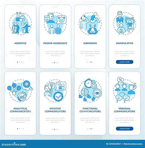 Types Of Communication Styles Blue Onboarding Mobile App Screen Set Stock Vector Illustration