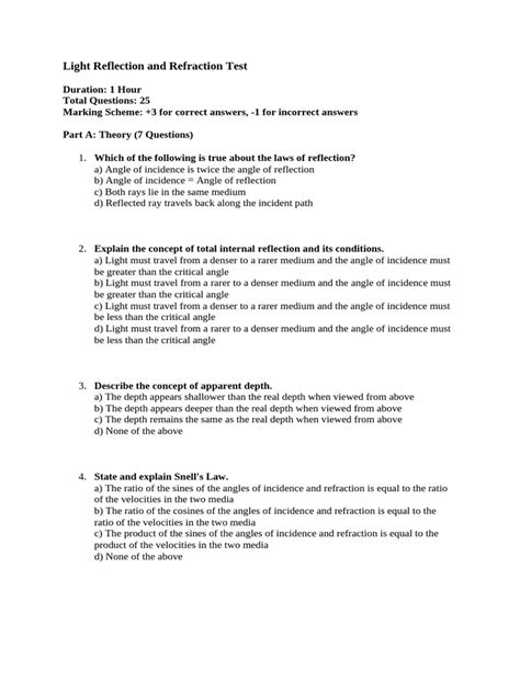 Light Reflection And Refraction Test Pdf Refraction Glass
