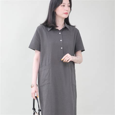 애비뉴투지 써니 린넨 카라 단추 주머니 여성 여름 반팔 마 셔츠 원피스 K07401
