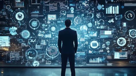 Businessman Standing In Front Of A Large Screen With Data