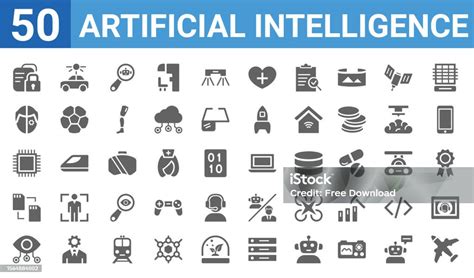 50개의 인공 지능 웹 아이콘 세트입니다 비행기 보안 데이터 생체 공학적 눈 메모리 전송 칩 휴머노이드 태양 에너지 자동차 노트북과 같은 채워진 글리프 아이콘 벡터 그림
