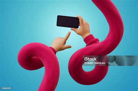 빨간 스웨터에 만화 유연한 손은 빈 화면으로 스마트 폰을 잡고 3d 렌더링 만화 유연한 손 터치 스크린 기술 파란색 배경에 고립 된 재미있는 겨울 클립 아트 3차원 형태에