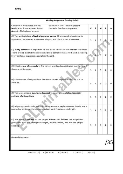 Writing Assignment Scoring Rubric Intermediate Esl Worksheet By