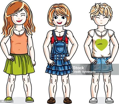 귀여운 소녀 서 세련 된 캐주얼 옷을 입고 벡터는 일러스트 세트 아이 개성 개념에 대한 스톡 벡터 아트 및 기타 이미지 개성 개념 귀여운 긍정적인 감정 표현 Istock
