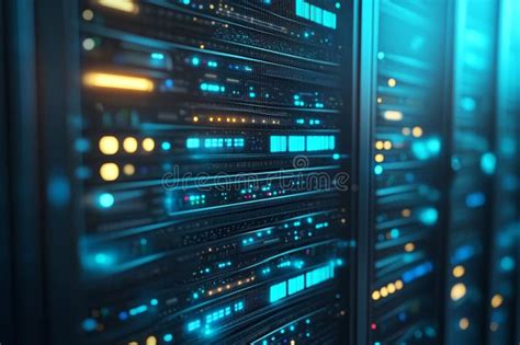 Modern Data Center With Glowing Servers And Digital Network Technology Stock Illustration