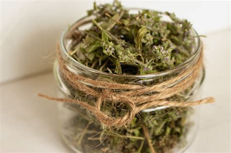 나무 배경에 유리병에 말린 백리향 항아리에 허브 티 에코 제품 개념입니다 건강에 좋은 음식 수제 허브 티 백리향을 꽃으로 말리십시오 약초가 닫힙니다 0명에 대한 스톡 사진