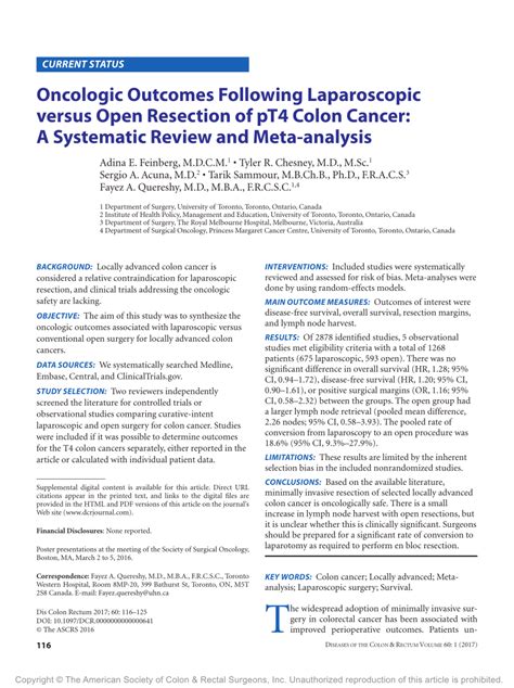 Pdf Oncologic Outcomes Following Laparoscopic Versus Open Resection Of Pt4 Colon Cancer A