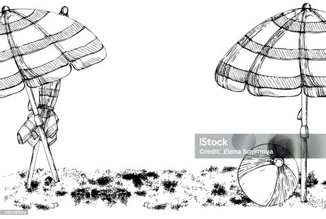 손으로 그린 벡터 잉크 구성입니다 줄무늬 해변 액세서리 파라솔 모래 위의 공 흰색 배경에 격리되어 있습니다 벽 예술 결혼식 인쇄 직물 표지 카드 관광 여행 소책자를 디자인