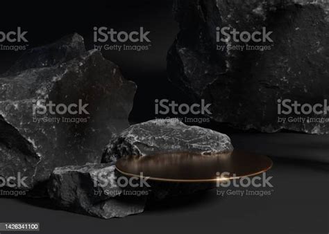 3d 배경 돌 연단 디스플레이 뷰티 화장품 프로모션 블랙 받침대와 골드 자연의 거친 바위와 태양 그림자 콘크리트 회색 추상 쇼케이스 최소한의 스튜디오 3d 렌더링 돌 바위에