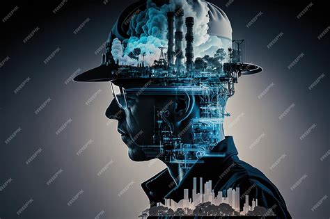 에너지 부문 및 미래 제조의 개념적 그래픽 디자인 이중 노출 아트워크를 통해 오일 가스 및 석유화학 정유 시설은 전력의 미래를