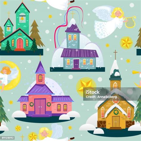메리 크리스마스와 해피 뉴가 어 완벽 한 패턴 교회 및 눈 기독교와 가톨릭 겨울 도시 대성당 벡터 일러스트 레이 션 종교 이런 배경 아래 그린 트리 가정용 장비에 대한 스톡