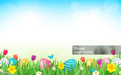아름다운 부활절 배경 벡터 일러스트레이션 부활절 달걀 튤립 데이지와 수선화 봄 초원 배경에 복사 공간 계절에 대한 스톡 벡터 아트 및 기타 이미지 Istock