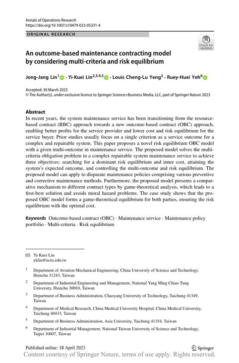 An Outcome Based Maintenance Contracting Model By Considering Multi Criteria And Risk