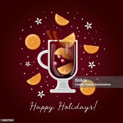 겨울 음료 오렌지 조각 크랜베리 및 계피 스틱을 곁들인 멀드 와인 눈송이 메뉴 카페 엽서 포스터 스티커에 대한 벡터 음식 일러스트 레이 션 0명에 대한 스톡 벡터 아트 및