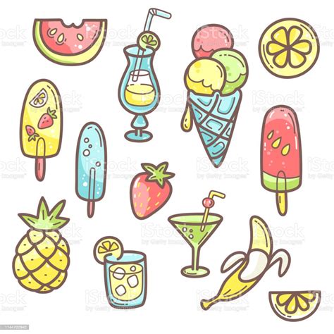 여름 달콤한 음식 아이스크림 과일과 칵테일의 귀 엽 다 귀여운 컬렉션입니다 감귤류 과일에 대한 스톡 벡터 아트 및 기타 이미지