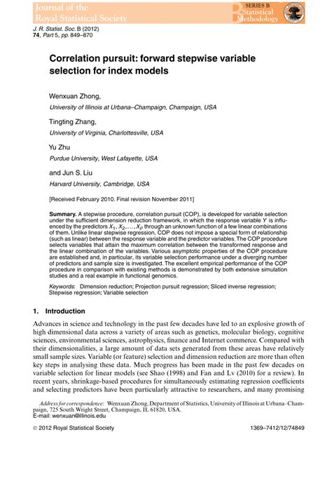 Pdf Correlation Pursuit Variable Selection Beyond Linear Regression