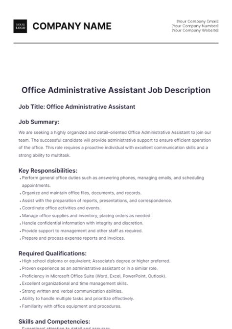 Free Office Administrative Assistant Job Description Template To Edit