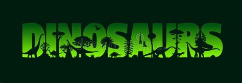 Prehistoric Dinosaurs Silhouettes In Sunset Forest Stock Vector