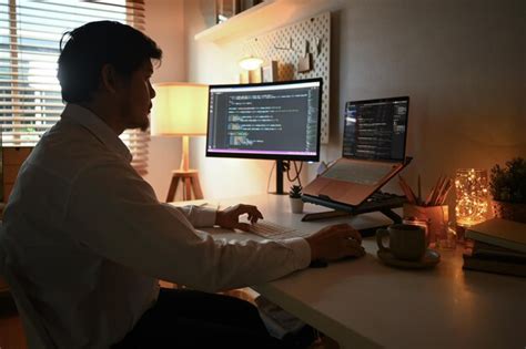Premium Photo Young Man Programmer Coding On Computer In The Evening