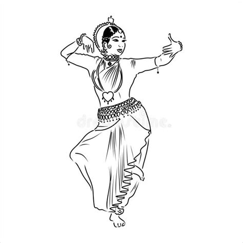 Outline Sketch Of Indian Woman Dancer Dancing Stock Vector