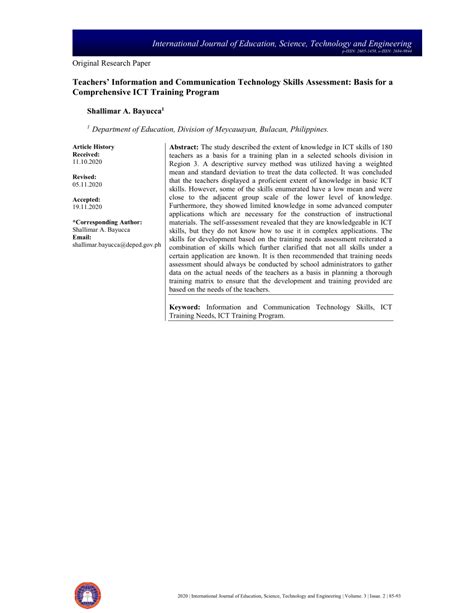 Pdf Teachers Information And Communication Technology Skills Assessment Basis For A