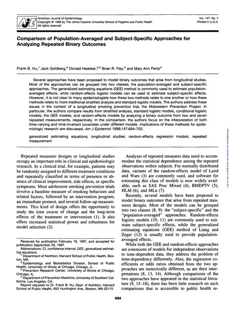 Pdf Comparison Of Population Averaged And Subject Specific Approaches To Analyzing Repeated