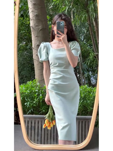 당일발송 민트그린 블루 롱 원피스 드레스 셀프웨딩 브라이덜샤워 스퀘어넥 퍼프 반팔 여름 촬영룩 데이트룩 여친룩 093053